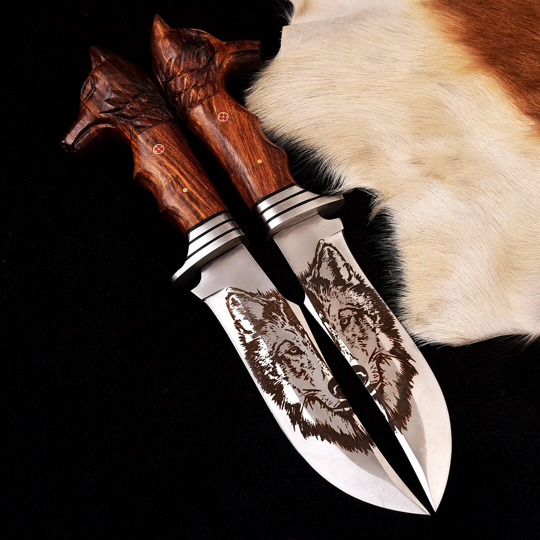Pair of Wolf Head Camping Knives, Handmade Hunting Knife, Bush-craft ...
