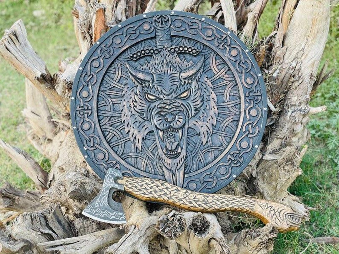 Medieval Viking Fenrir Shield & Axe Set, Viking Round Shield, Viking Wolf Shield/axe, Wood ...