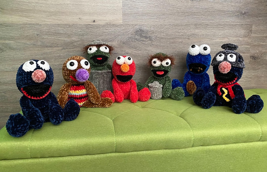 Crocheted Elmo, Cookie Monster, Oscar the Grouch, Grover, Super Grover ...