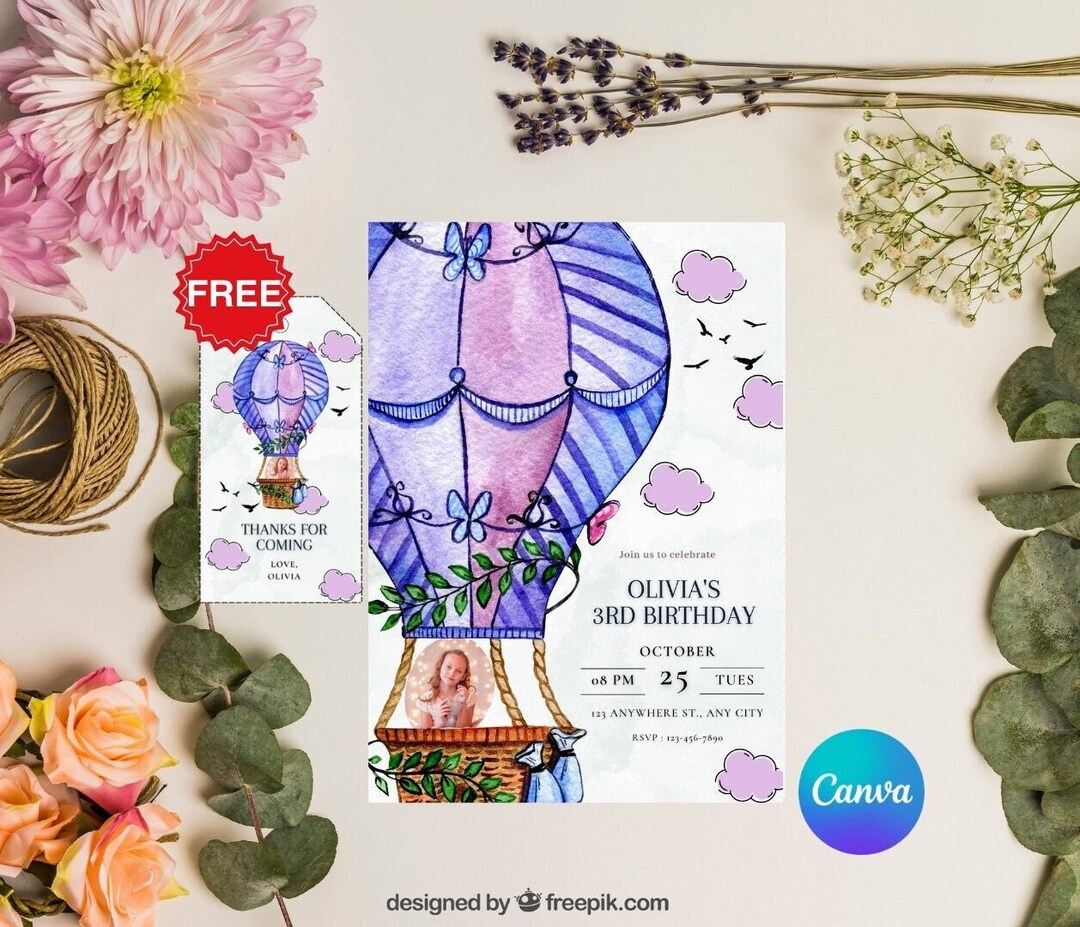 Hot Air Balloon Party Invitation, Customizable Purple Hot Air Ballon, A ...