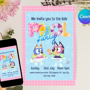 Girl Bluey Pool Birthday Invitation Editable, Bluey Pool Party ...