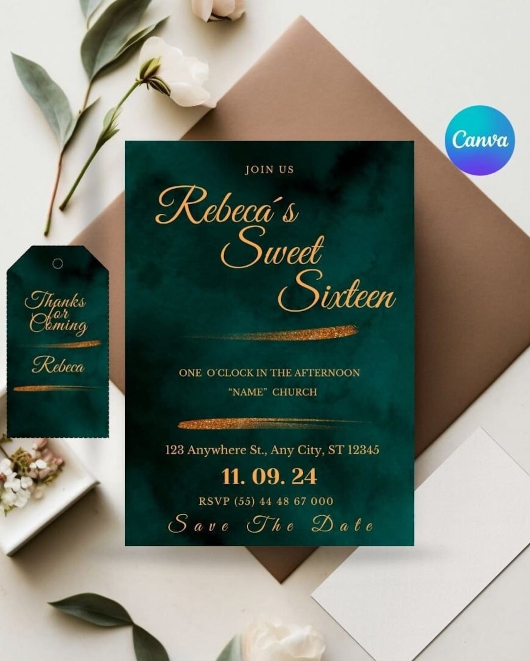 Editable Sweet Sixteen Birthday Invitation, Green Xv Invite, Digital ...