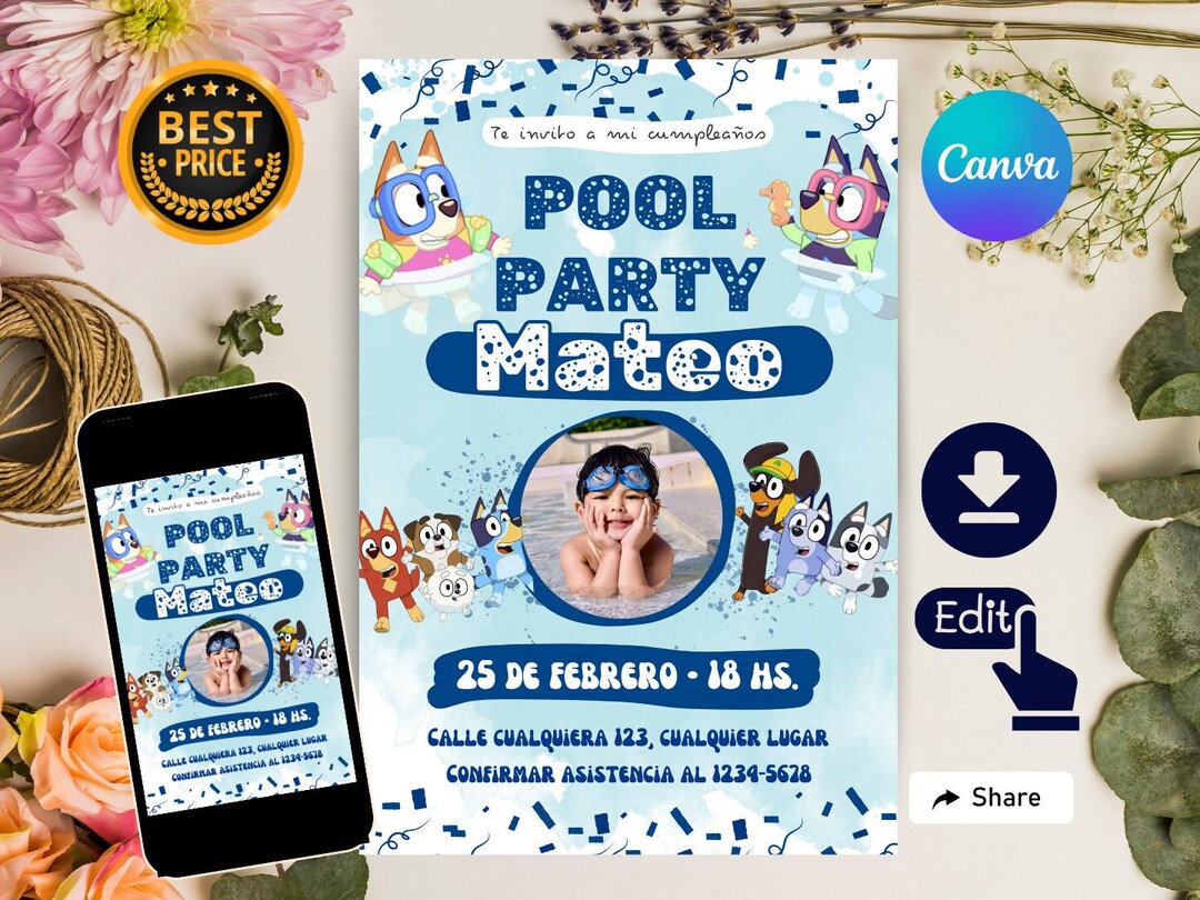 Bluey Pool Party Invitation, Invitation Bluey, Bluey Birthday, Kids ...