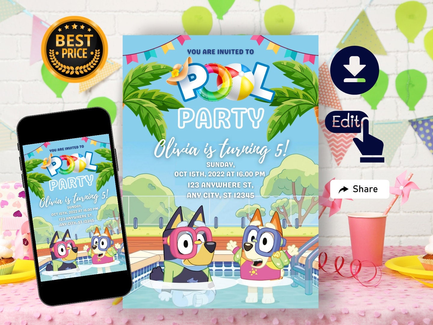 Bluey Pool Party, Invitation Bluey, Bluey Birthday, Kids Birthday ...