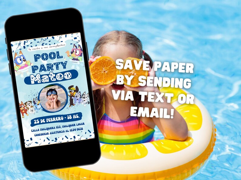 Bluey Pool Party Invite, Bluey Theme Party, Bluey Birthday, Bluey Pool ...