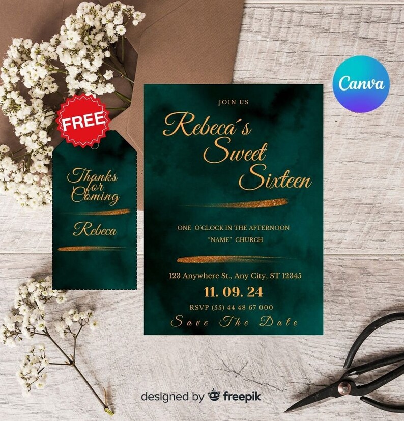 Editable Sweet Sixteen Birthday Invitation, Green Xv Invite, Digital ...