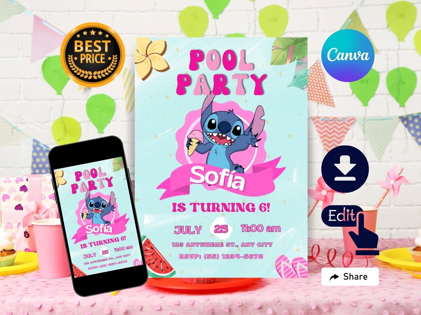 Stitch Pool Party Invitation, Stitch Birthday Invitation, Stitch ...