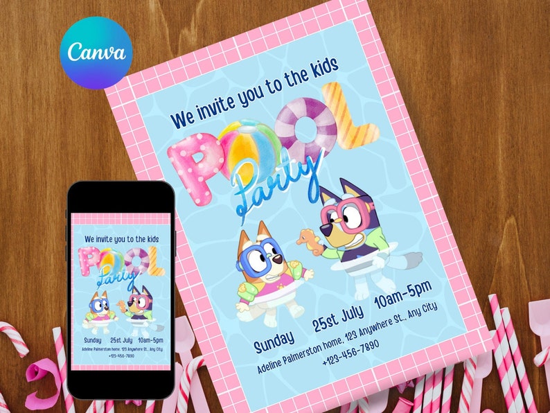 Girl Bluey Pool Birthday Invitation Editable, Bluey Pool Party ...