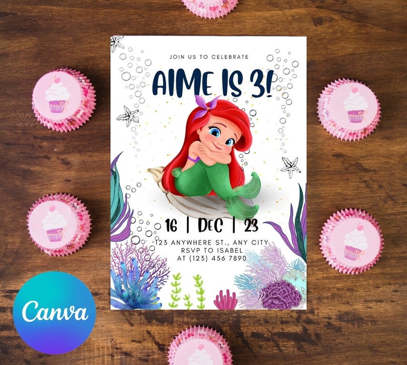 Editable Little Mermaid Birthday Invitation, Canva Template, Mermaid ...