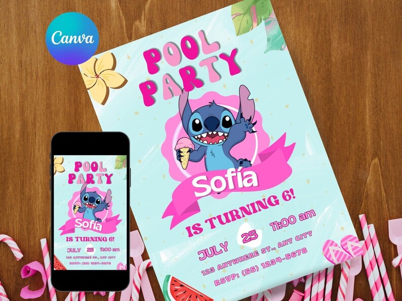 Stitch Pool Party Invitation, Stitch Birthday Invitation, Stitch ...