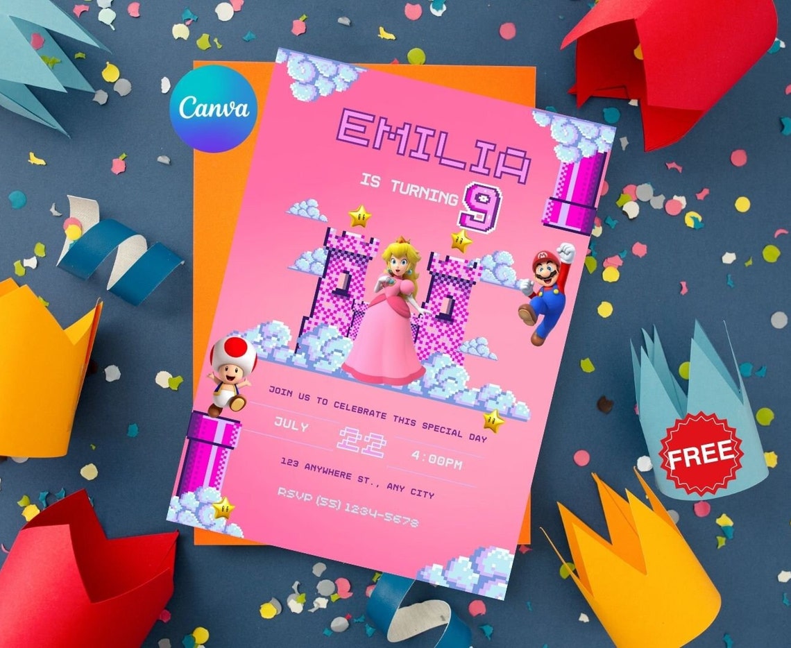 Princess Peach Birthday Invitation / Princess Mario Invitation / Super ...