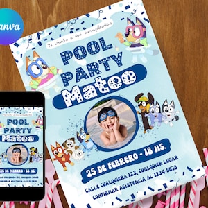 Bluey Pool Party Invite, Bluey Theme Party, Bluey Birthday, Bluey Pool ...