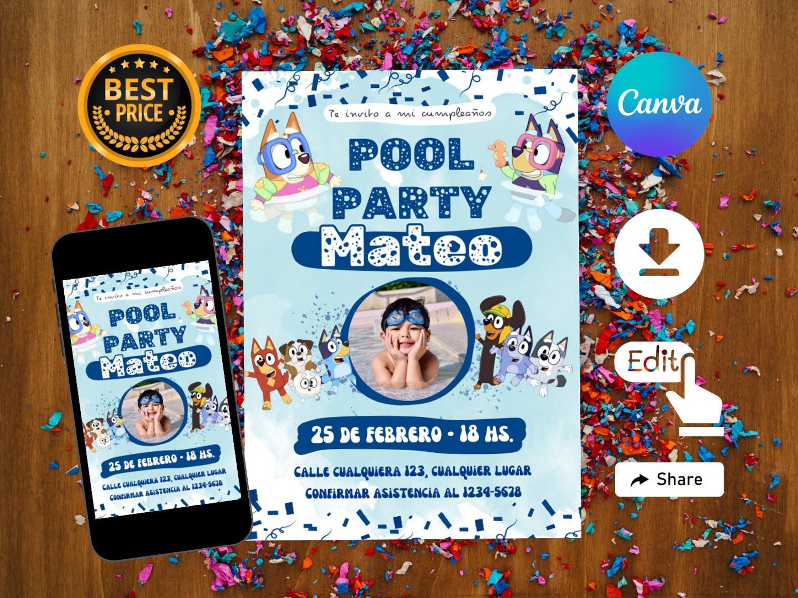 Bluey Pool Party Invite, Bluey Theme Party, Bluey Birthday, Bluey Pool ...