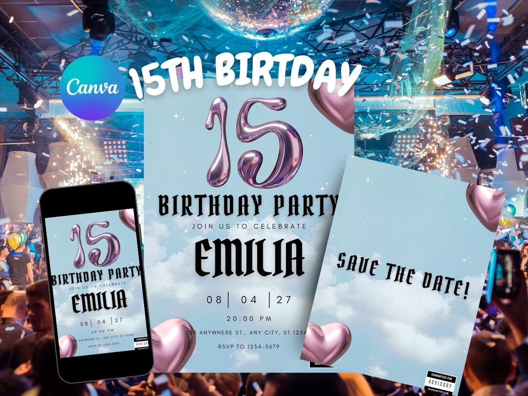 Editable 15th Birthday Invitation, Electric Ballon, Silver 15 Ballon ...