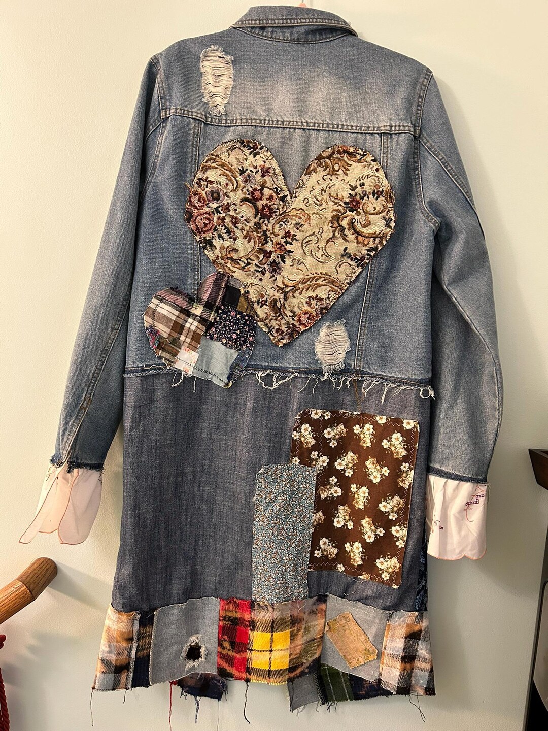 One of a Kind Upcycled Denim Jacket – Boho Patchwork & Heart Appliqué ...