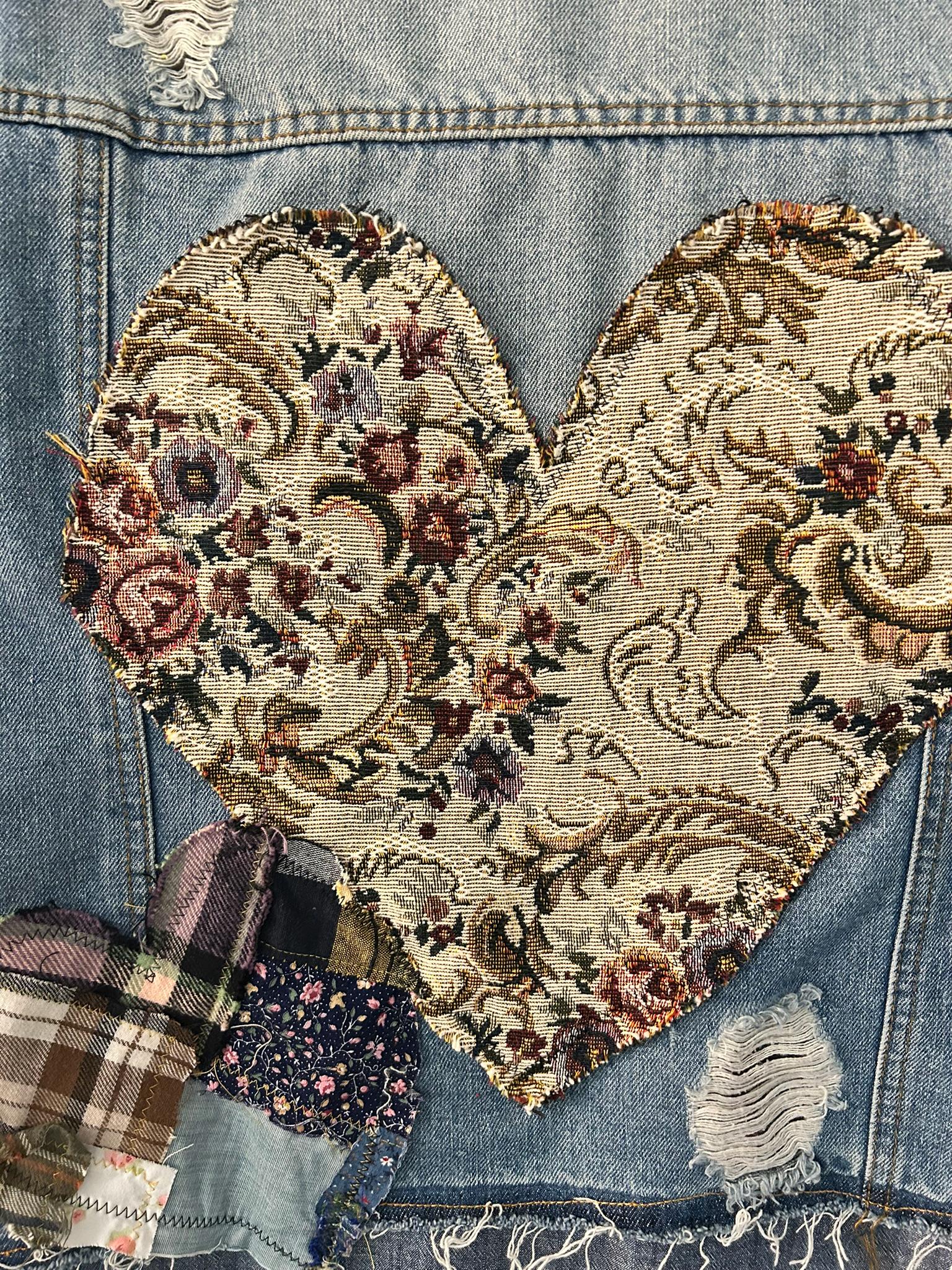 One of a Kind Upcycled Denim Jacket – Boho Patchwork & Heart Appliqué ...
