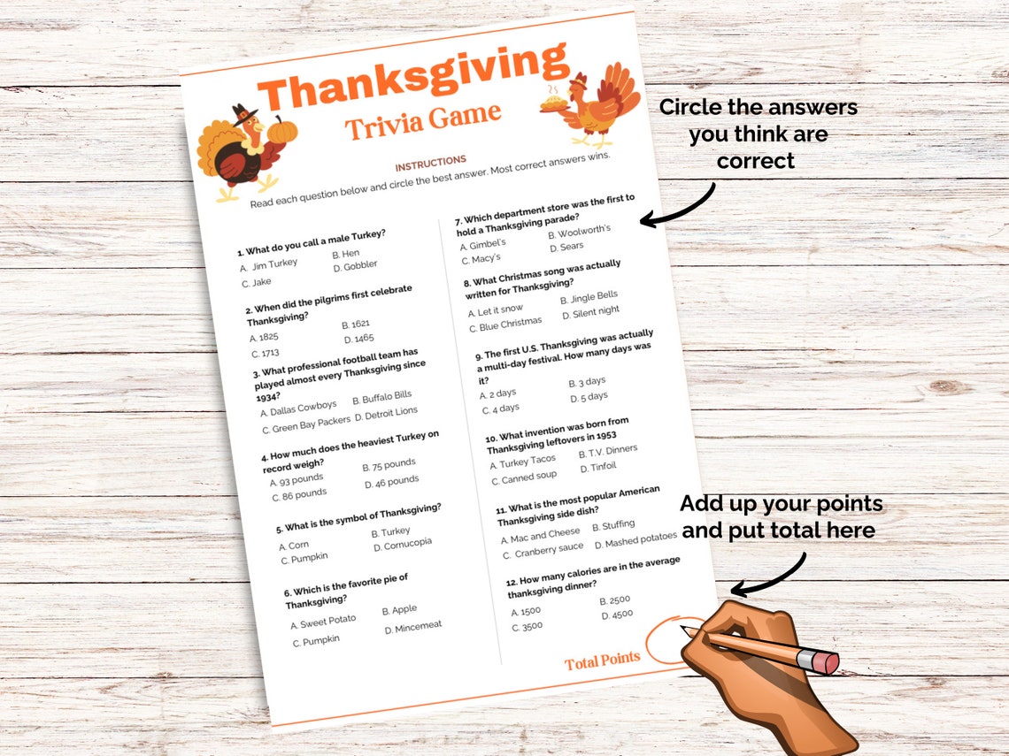 Printable Trivia Thanksgiving Game, Thanksgiving Trivia for Adults and ...