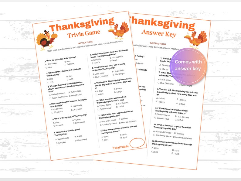 Printable Trivia Thanksgiving Game, Thanksgiving Trivia for Adults and ...