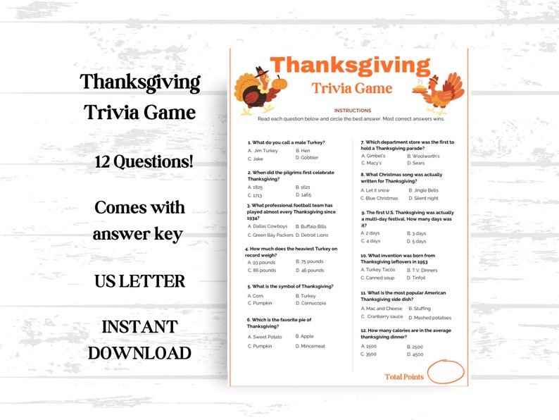 Printable Trivia Thanksgiving Game, Thanksgiving Trivia for Adults and ...