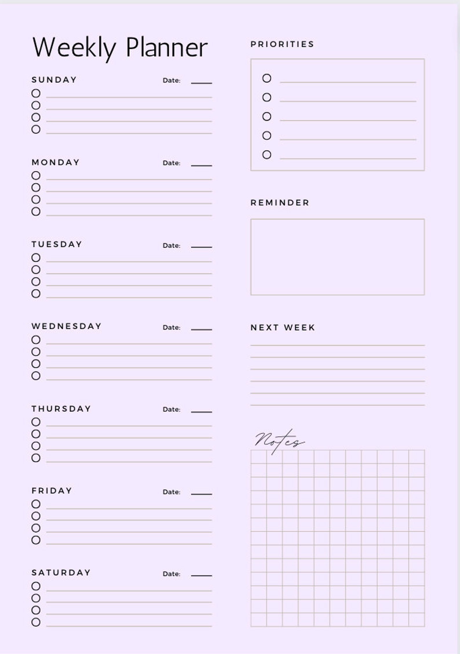 Weekly Planner Printable to Do List, Minimal Weekly Schedule, Weekly ...
