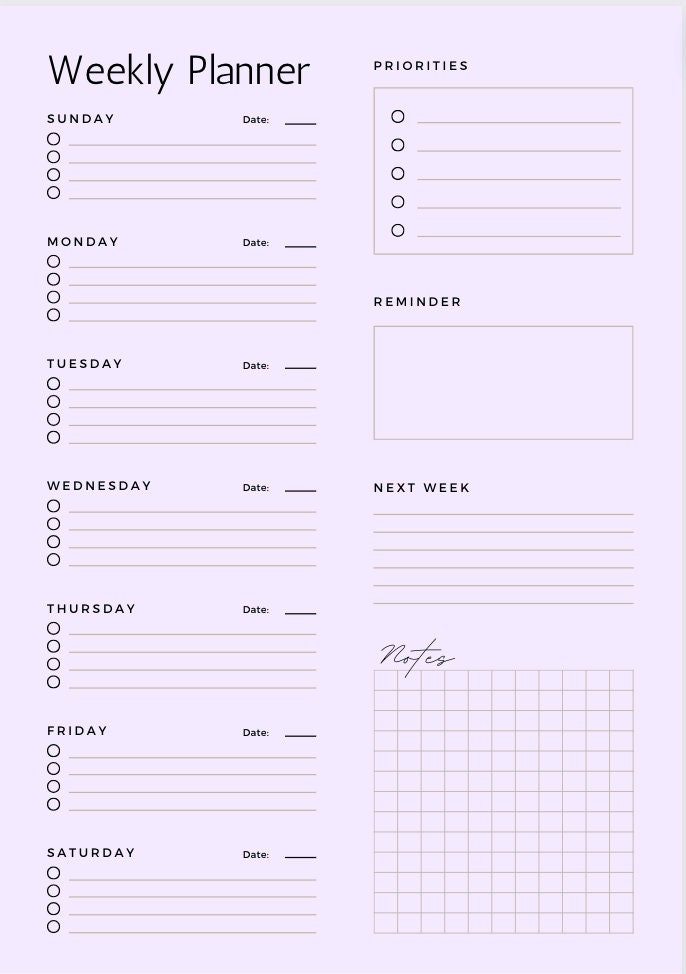 Weekly Planner Printable to Do List, Minimal Weekly Schedule, Weekly ...