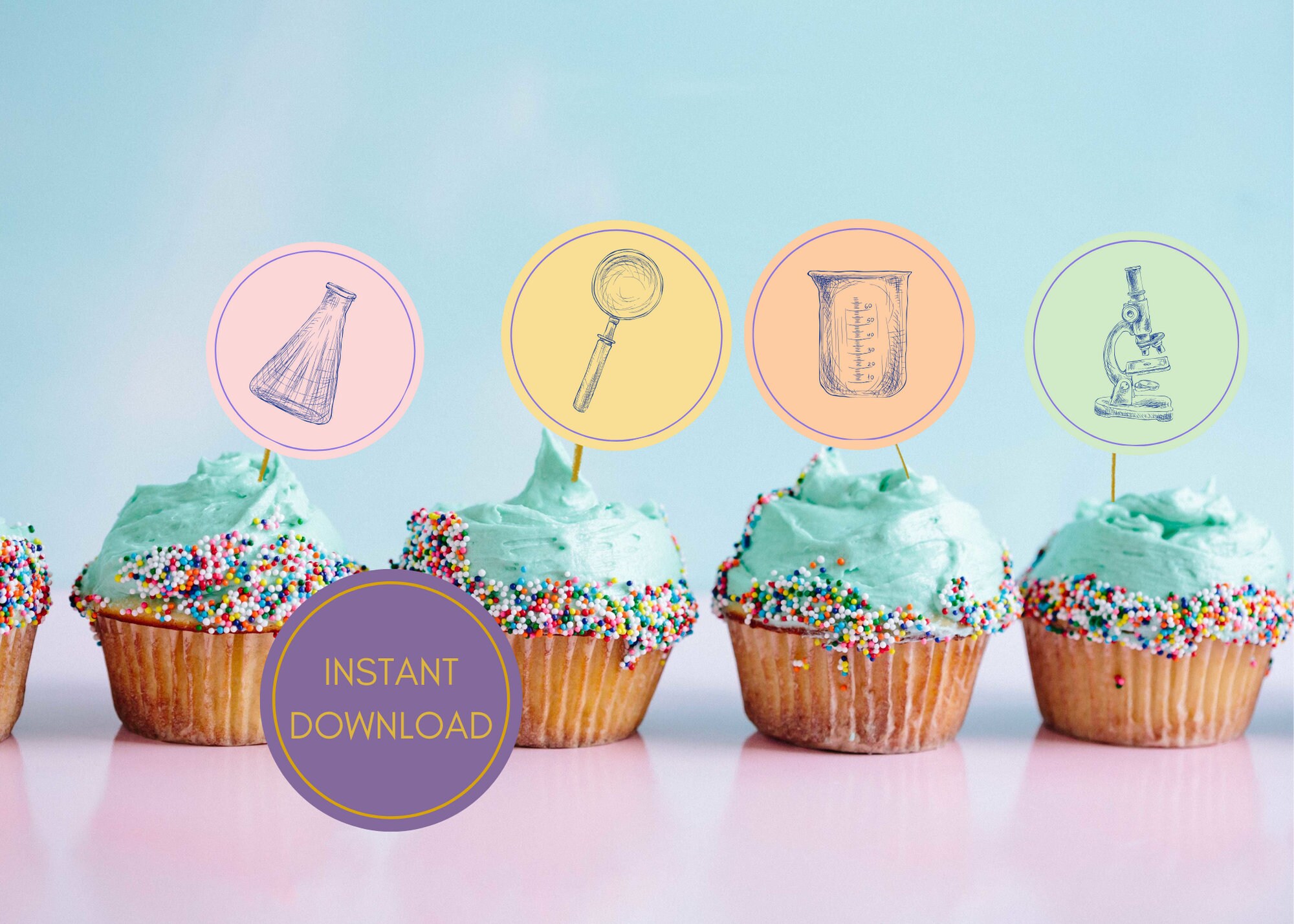 Printable Modern Science Cupcake Toppers, Stickers, Girl Birthday Party ...