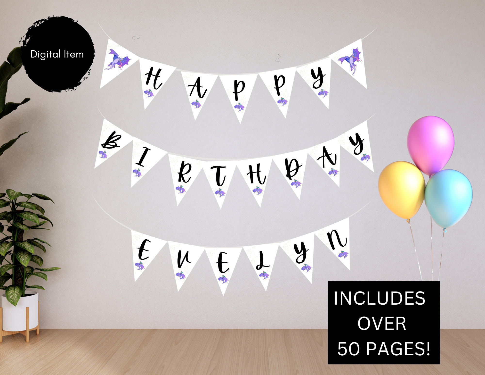 Dragon Birthday Banner Printable: Bunting DIY Party Decor (instant ...