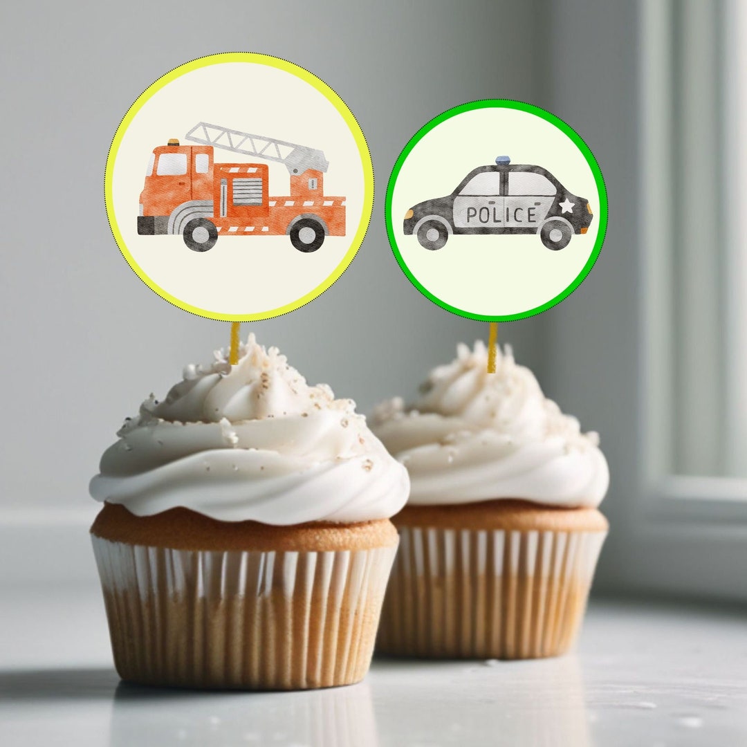 Emergency Vehicles Cupcake Toppers: Watercolor Fire Truck, Police Car ...