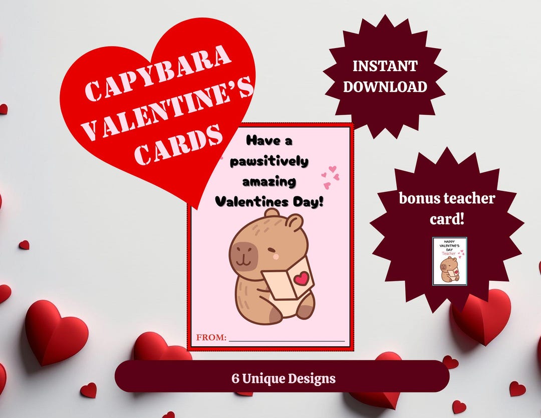 Capybara Valentines Printable | Cute Kawaii Cards Classroom | Bonus ...