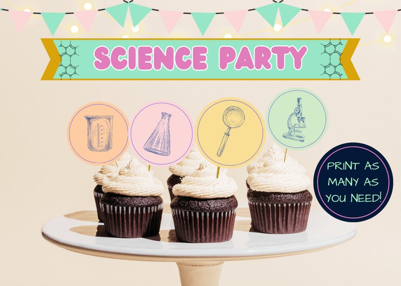 Printable Modern Science Cupcake Toppers, Stickers, Girl Birthday Party ...