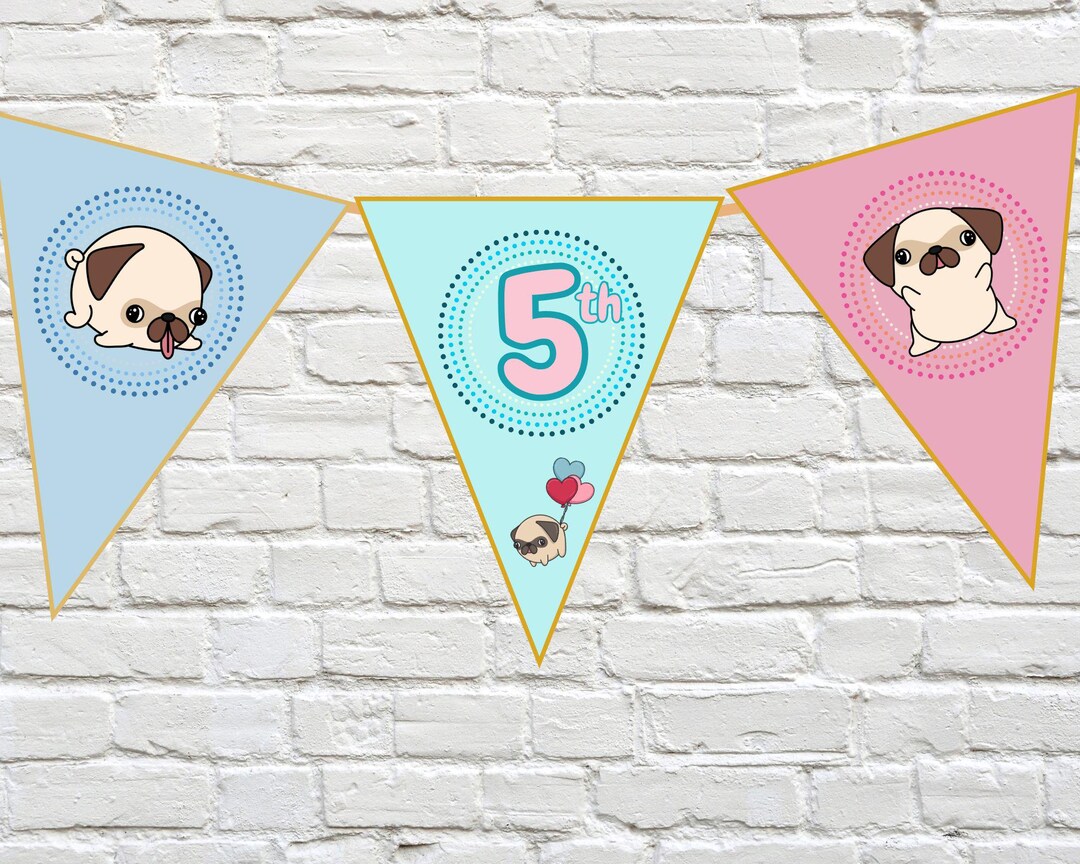 Pug Kawaii Birthday Banner | Baby Shower Party Celebration Pug Dog ...