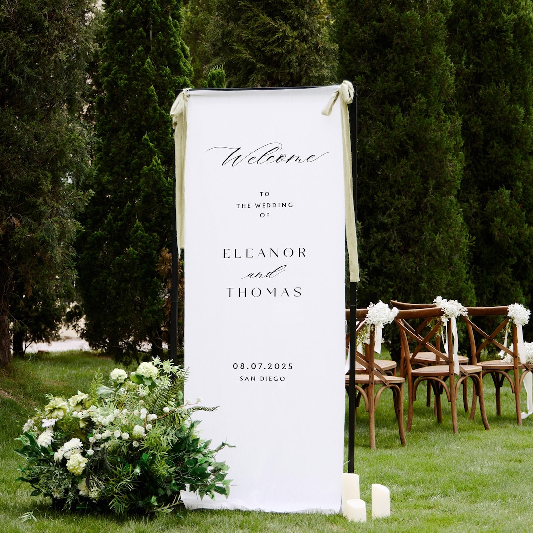Linen Wedding Welcome Sign, Elegant Outdoor Ceremony Banner, Custom ...