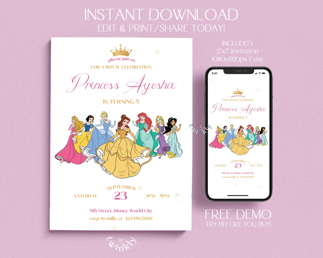 Editable Princess Birthday Invitation Printable Template Girl Kids ...