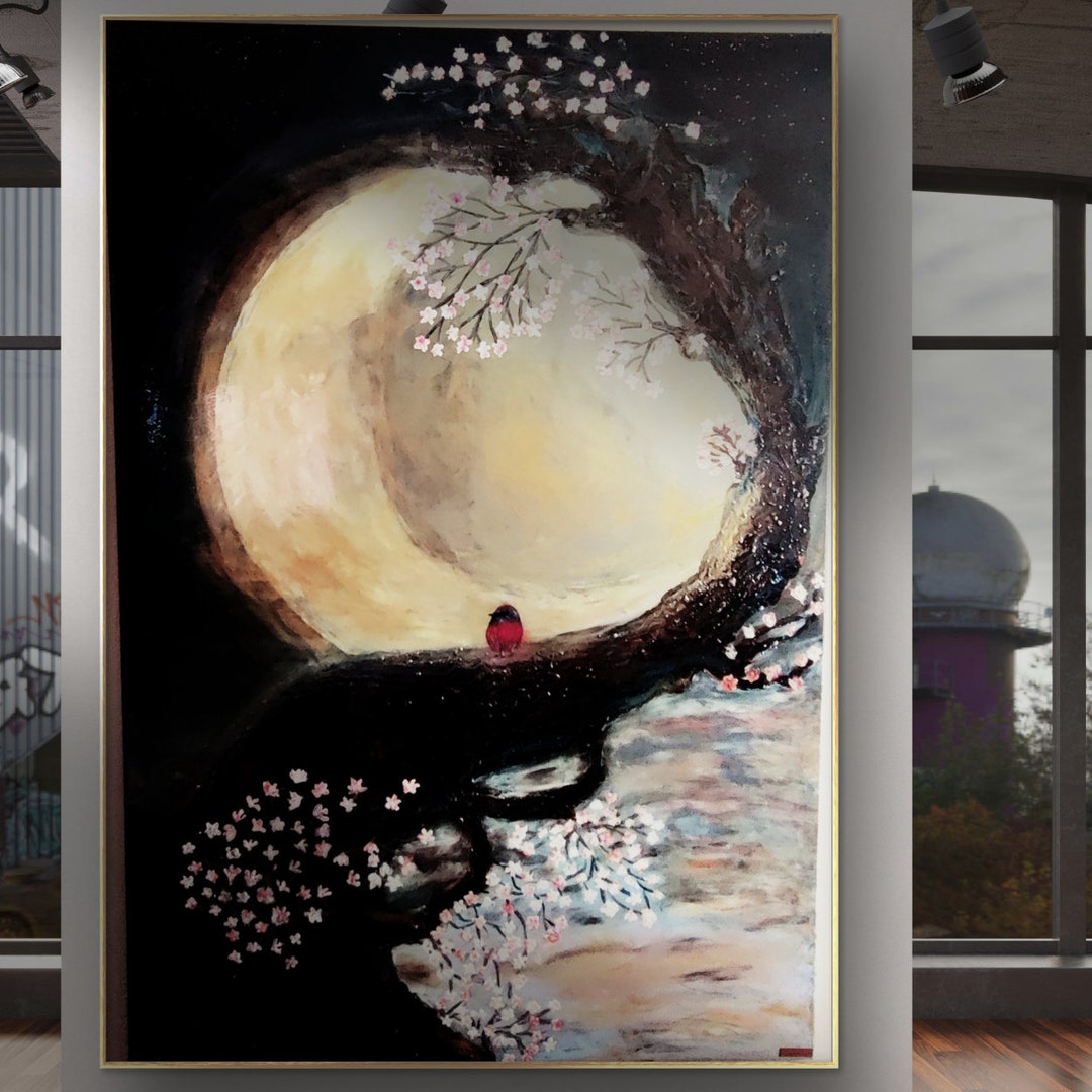 Painting Painting Bird Original Art Animals Artwork Moon Light Full ...