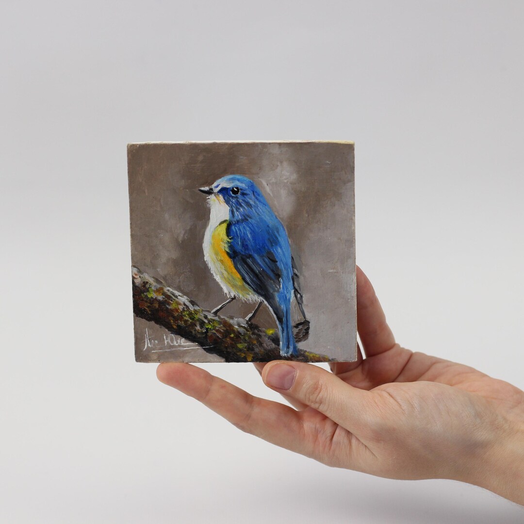 Bluebird Oil Painting: Miniature Bird Art on Fiberboard - Etsy