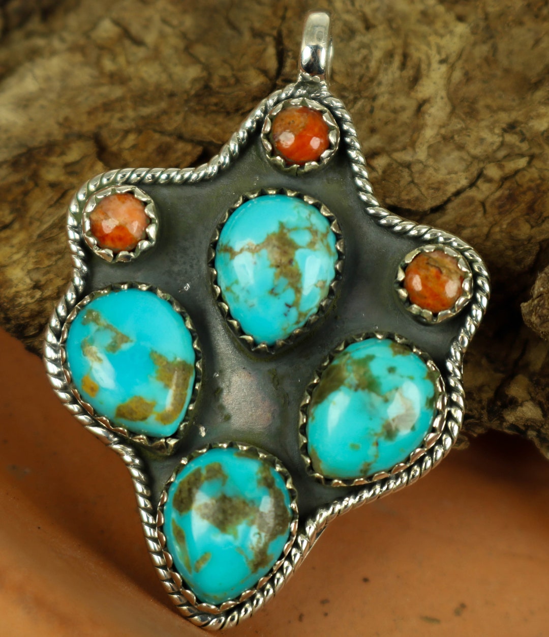 PRICKLY PEAR CACTUS Turquoise & Coral Navajo Sterling Silver Pendant - Etsy