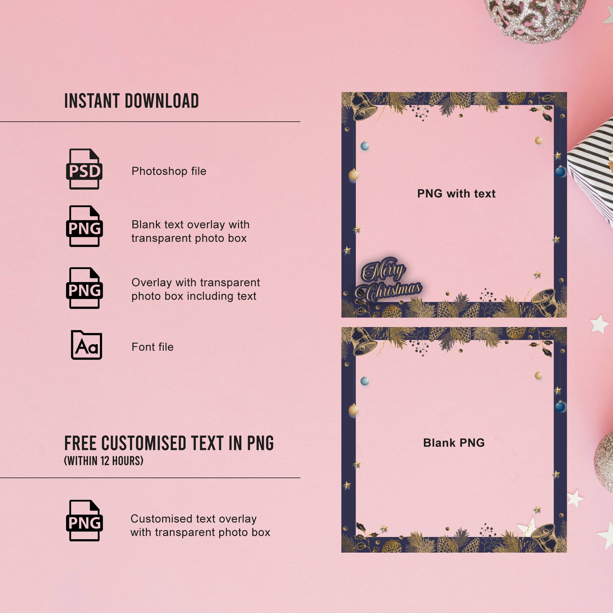 Christmas 360 Photo Booth Overlay 360 Elegant Blue Gold Christmas 360 ...