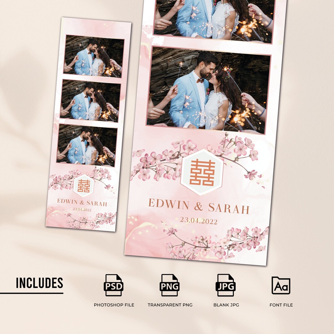 Double Happiness Wedding Photobooth Strip Template 2x6 With Pink Sakura ...