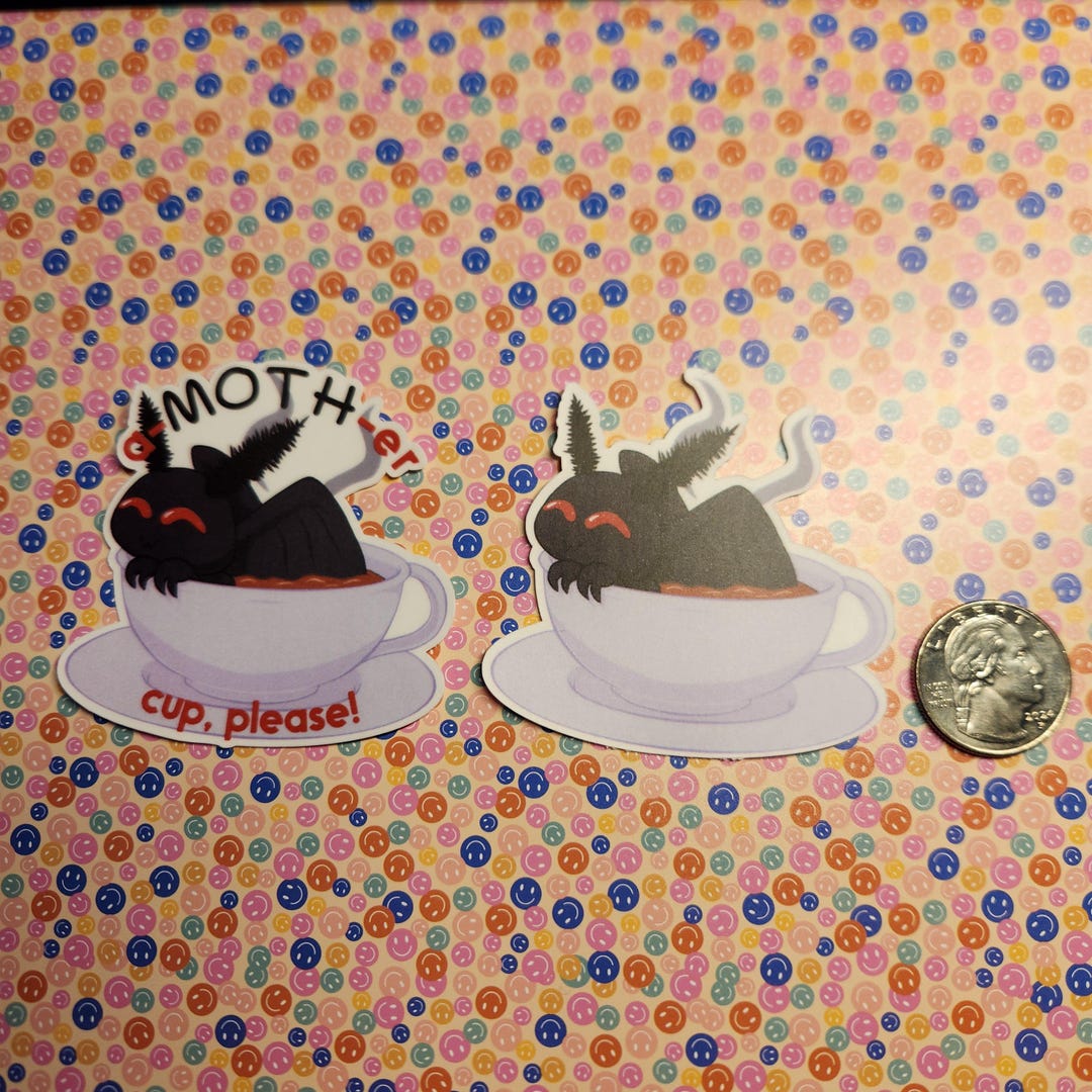 Cryptid Sticker - Chibi Mothman - Cup of Tea - Waterproof Vinyl Sticker ...