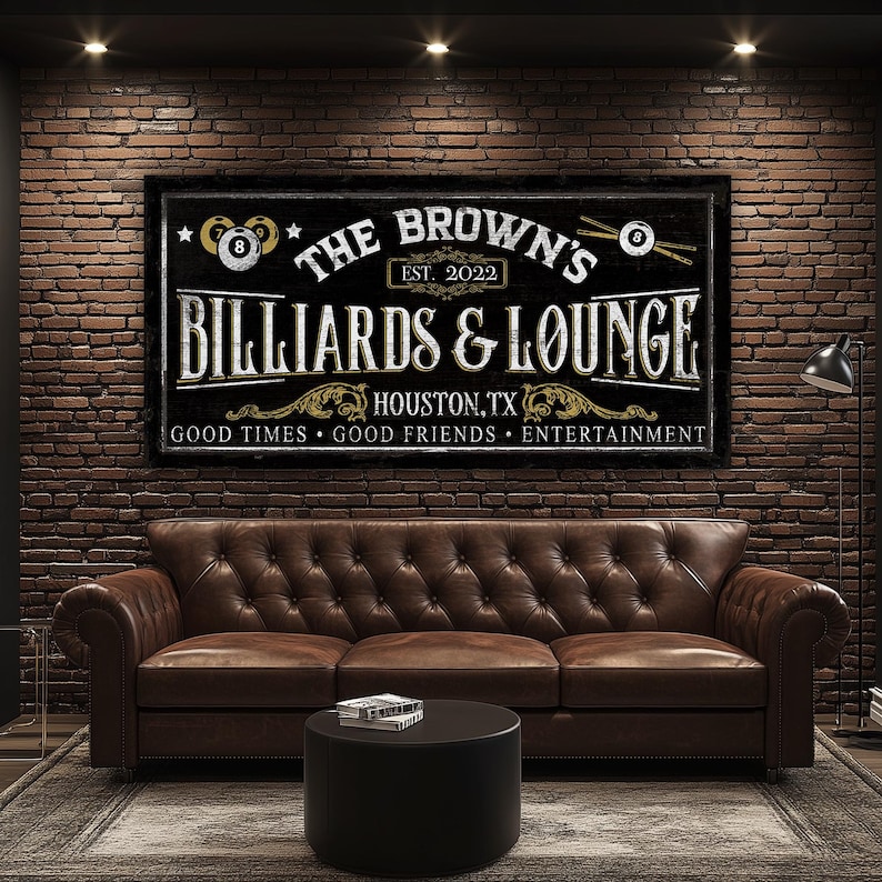 Custom Billiards & Lounge Sign, Pool Table Sign, Vintage Game Room ...