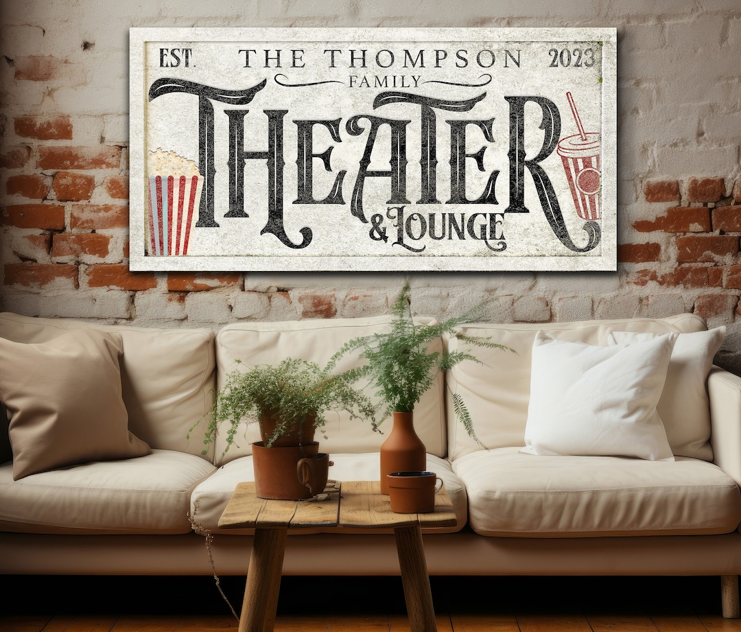 Personalized Theater & Lounge Sign, Rustic Movie TV Room Canvas Art ...