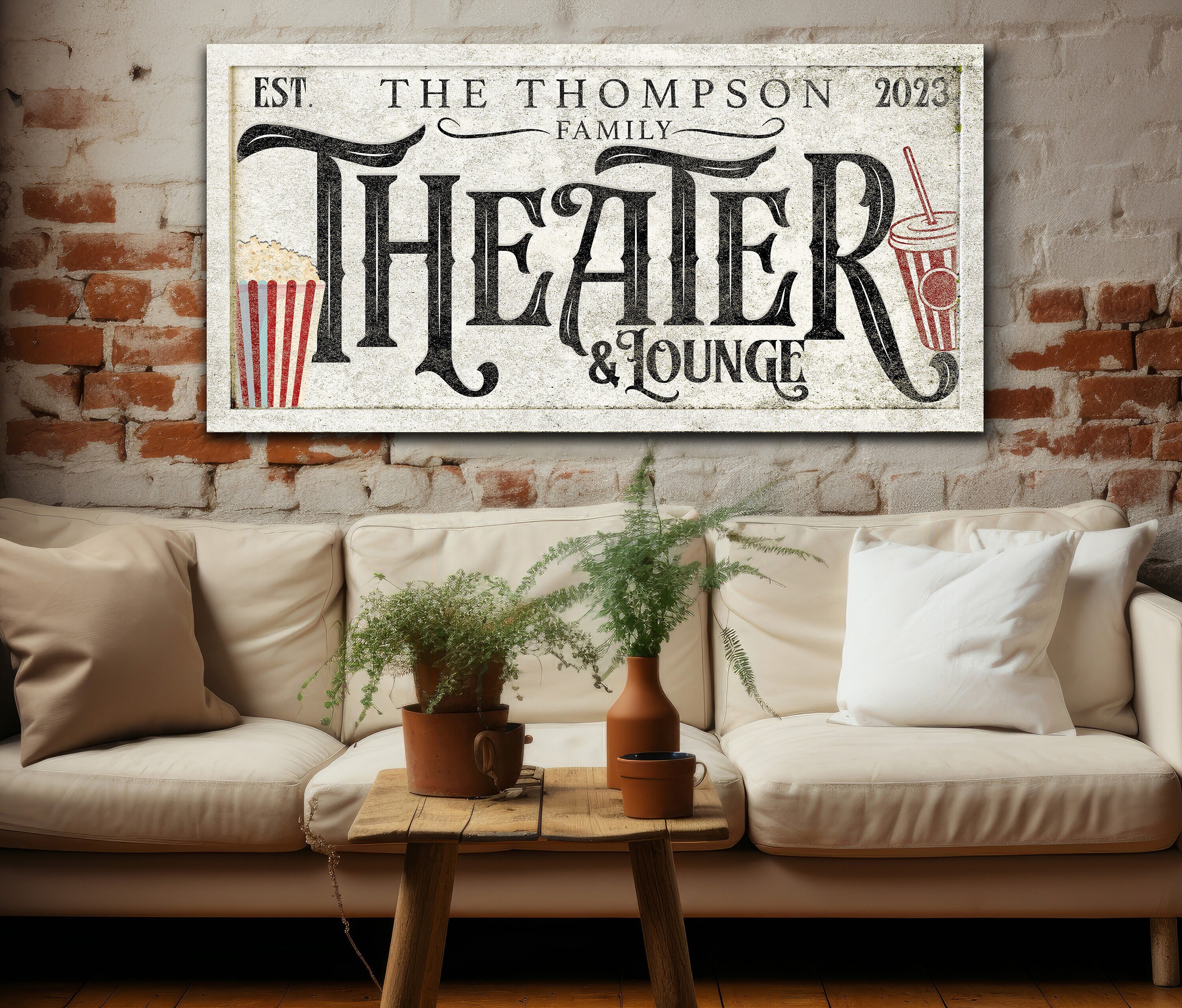 Personalized Theater & Lounge Sign, Rustic Movie TV Room Canvas Art ...