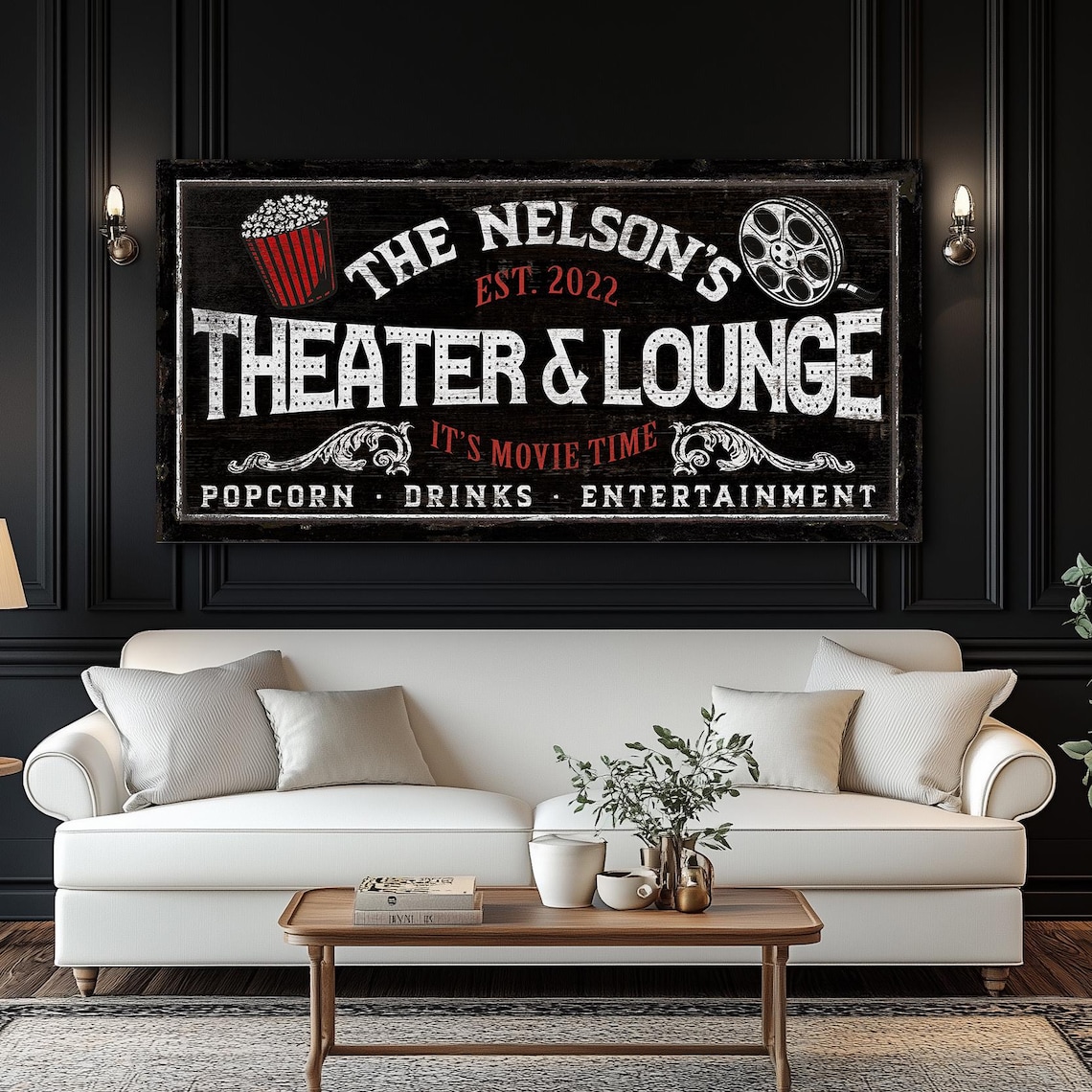 Personalized Theater & Lounge Sign, Vintage Home Theater Sign, Custom ...