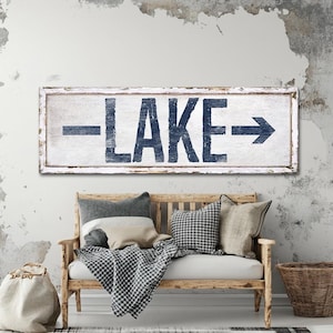 Canvas Lake Sign, Direction Arrow Sign, Outdoor Cabin Sign, Unique Lake ...