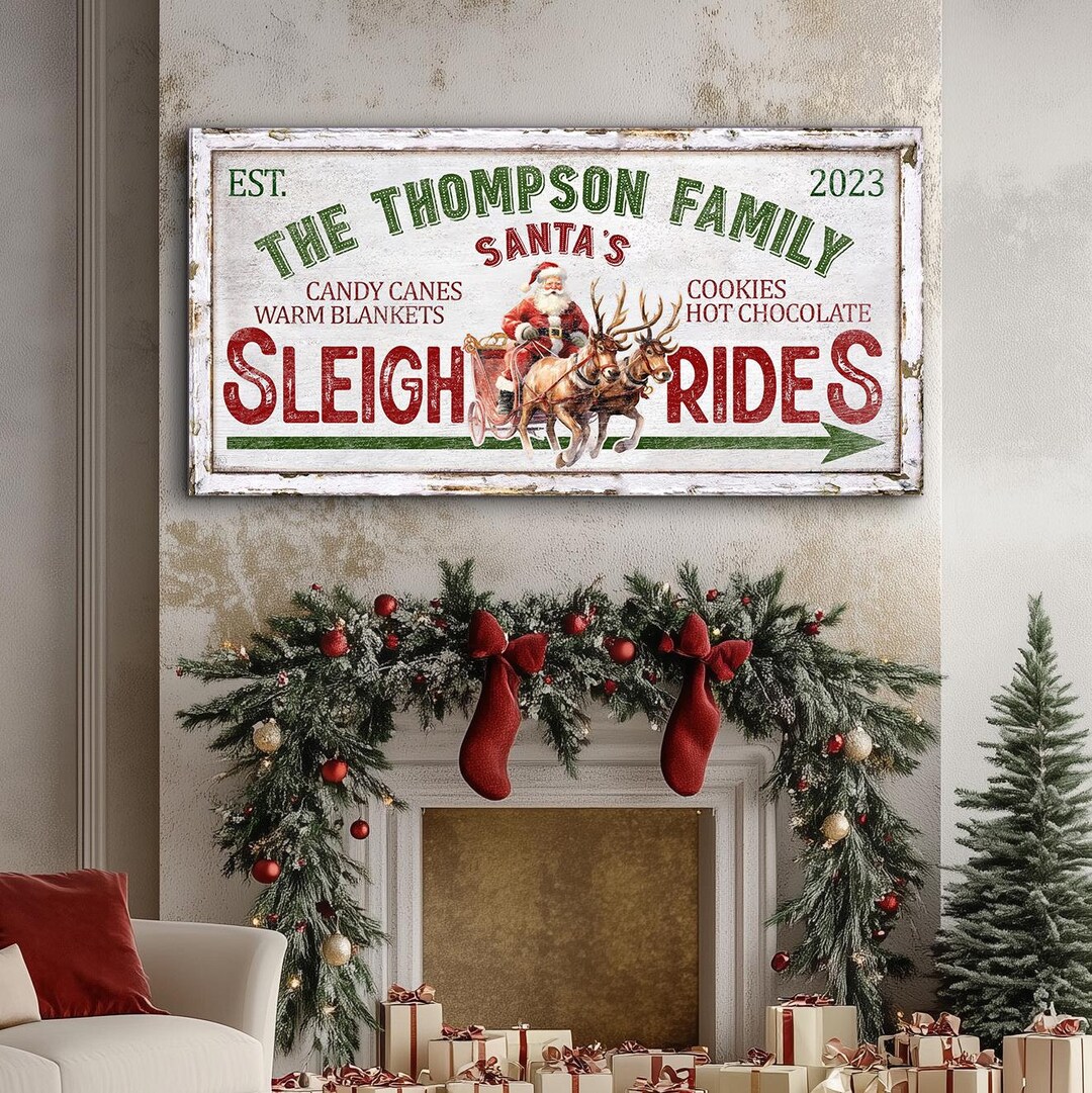 Personalized Santa's Sleigh Rides Sign, Holiday Christmas Spirit ...
