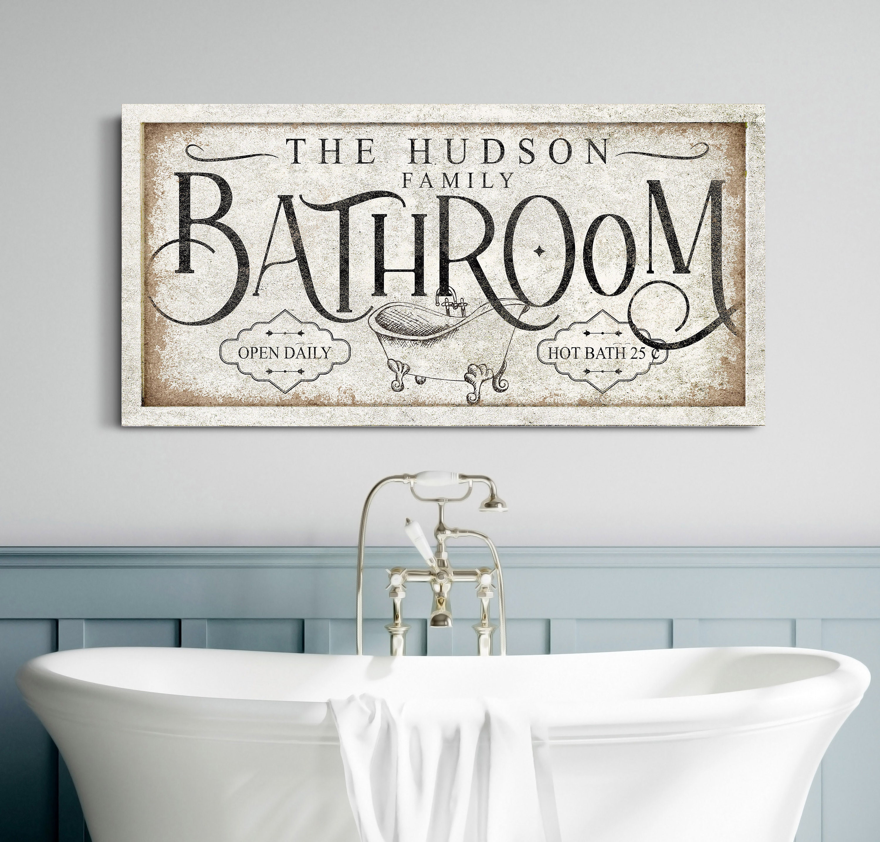 Custom Bathroom Sign, Personalized Hot Bath Canvas Art, Over Bath Tub ...