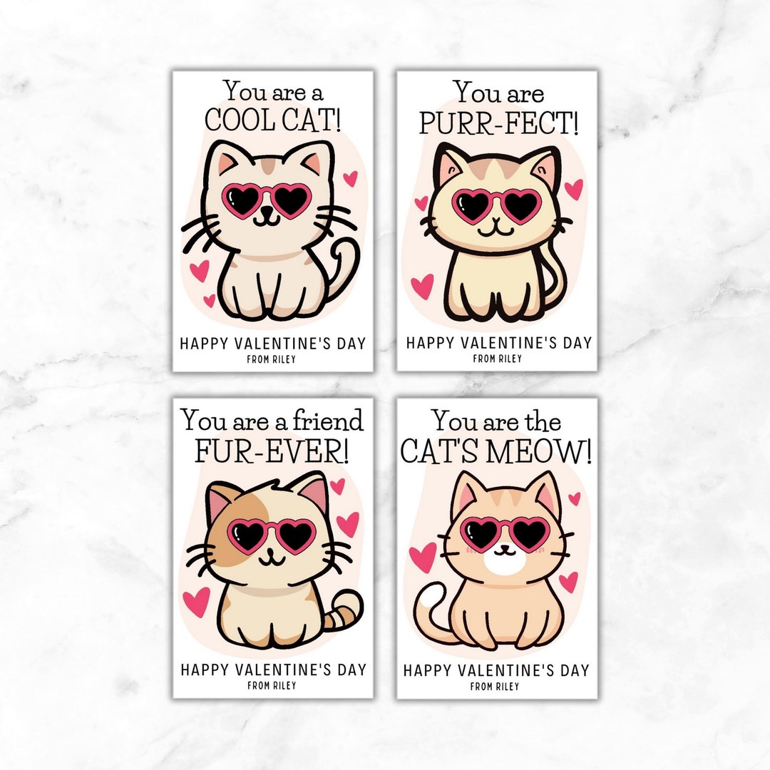 Printable Kitty Cat Valentine's Day Cards for Kids Treat Gift Tags ...