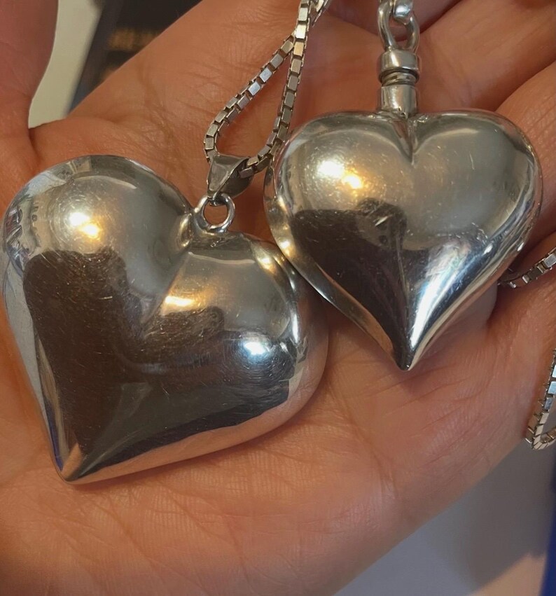 Rare Vintage Double Drop Puffy Sterling Silver Hearts Pendant Necklace ...