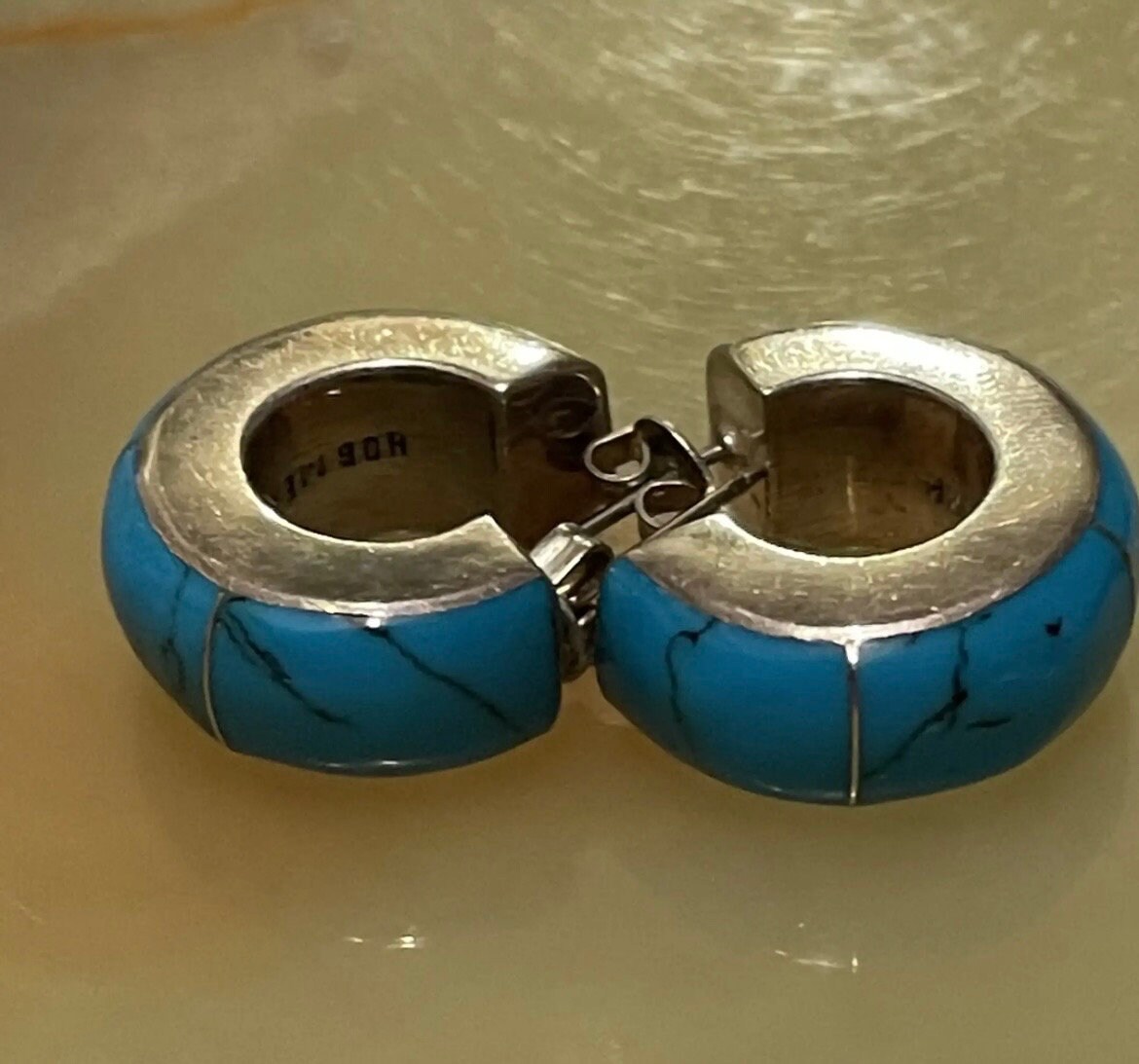Stunning HOB Navajo Vintage Inlay Genuine Turquoise Hoop Sterling ...