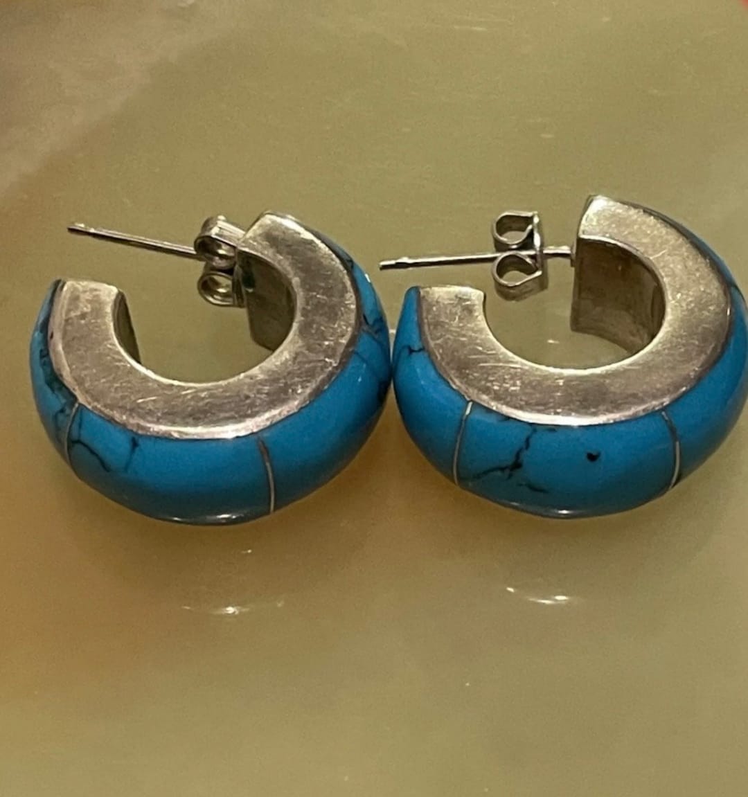 Stunning HOB Navajo Vintage Inlay Genuine Turquoise Hoop Sterling Silver Earrings - Etsy